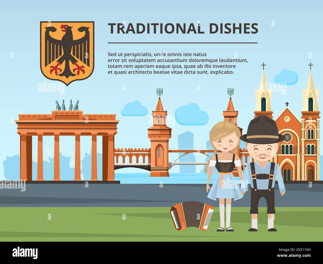 Urban landscape with Germany landmarks and peoples. Vector germany ...