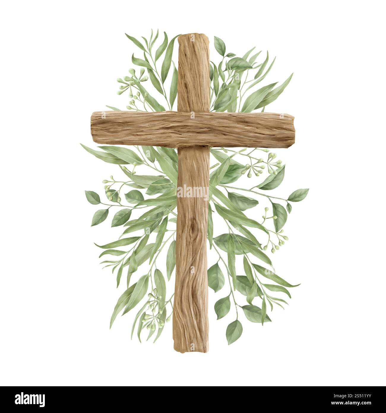 Wooden Easter cross, framed with greenery. Watercolor digital ...