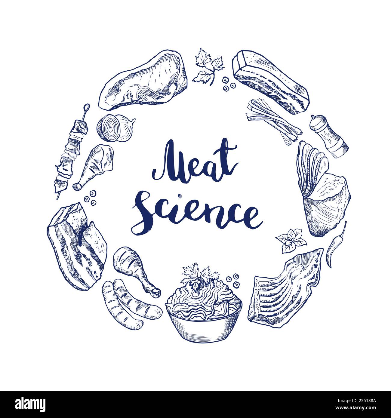 Vector hand drawn meat elements gathered in circle around lettering ...