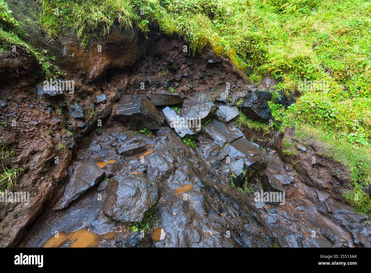 travel to Iceland - wet rock wall of cliff of Seljalandsfoss waterfall ...