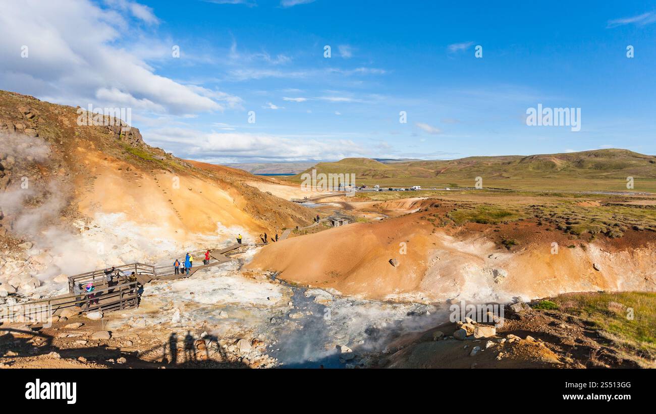 travel to Iceland - people at observation deck in geothermal Krysuvik ...