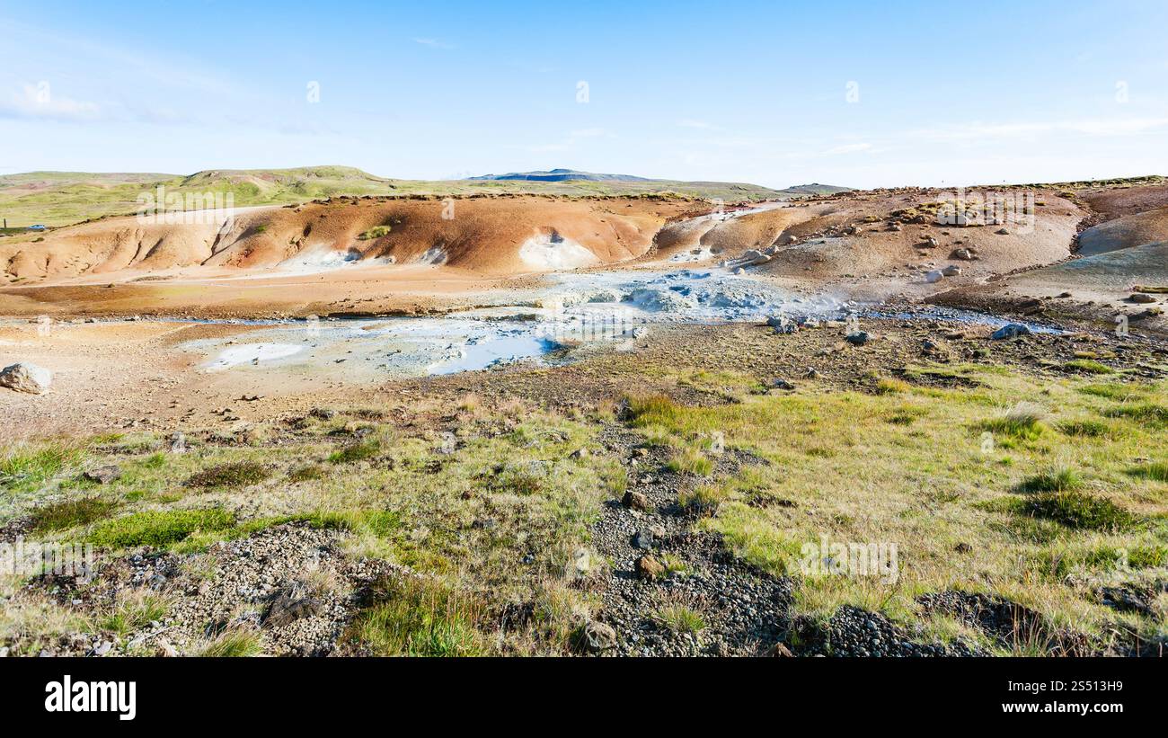 travel to Iceland - view of geothermal Krysuvik area with fumaroles on ...