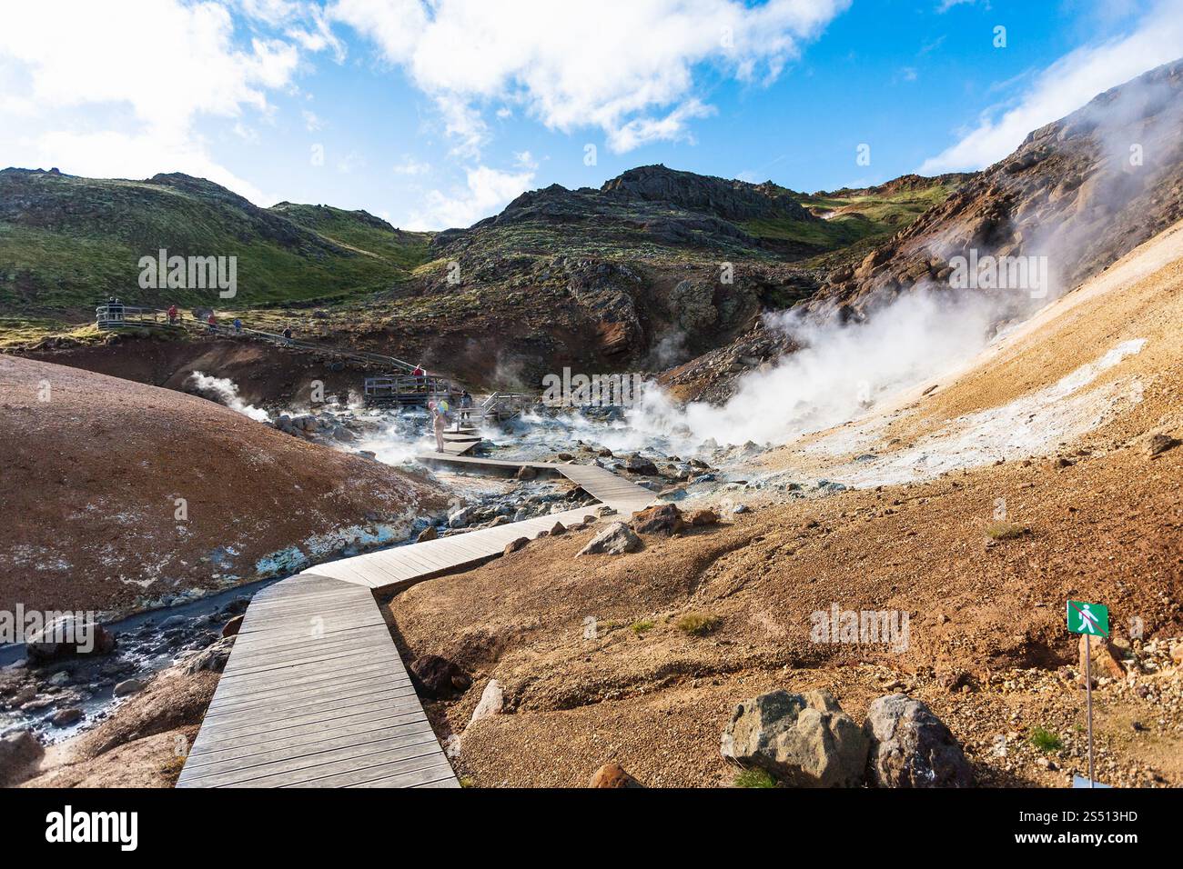 travel to Iceland - wooden pathway in geothermal Krysuvik area on ...