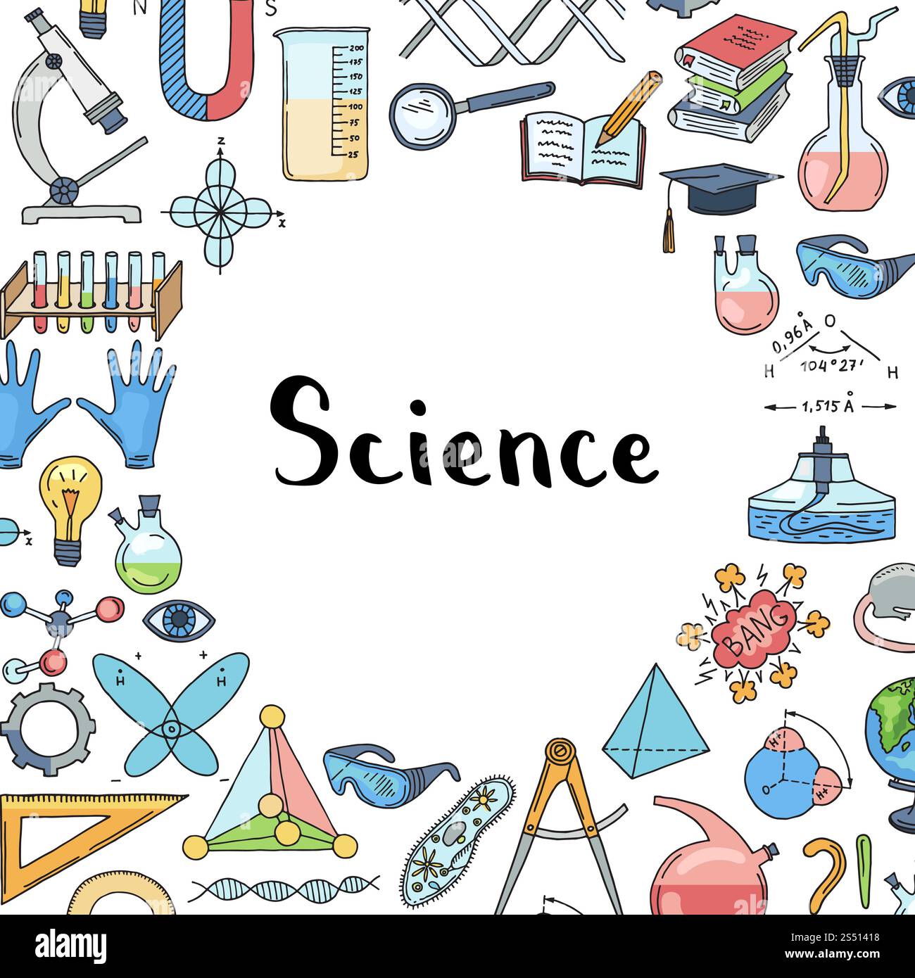 Vector sketched science or chemistry elements background with lettering ...