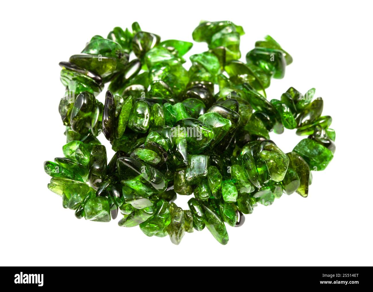 pile of beads from natural chrome diopside crystals isolated on white background Stock Photo - Alamy
