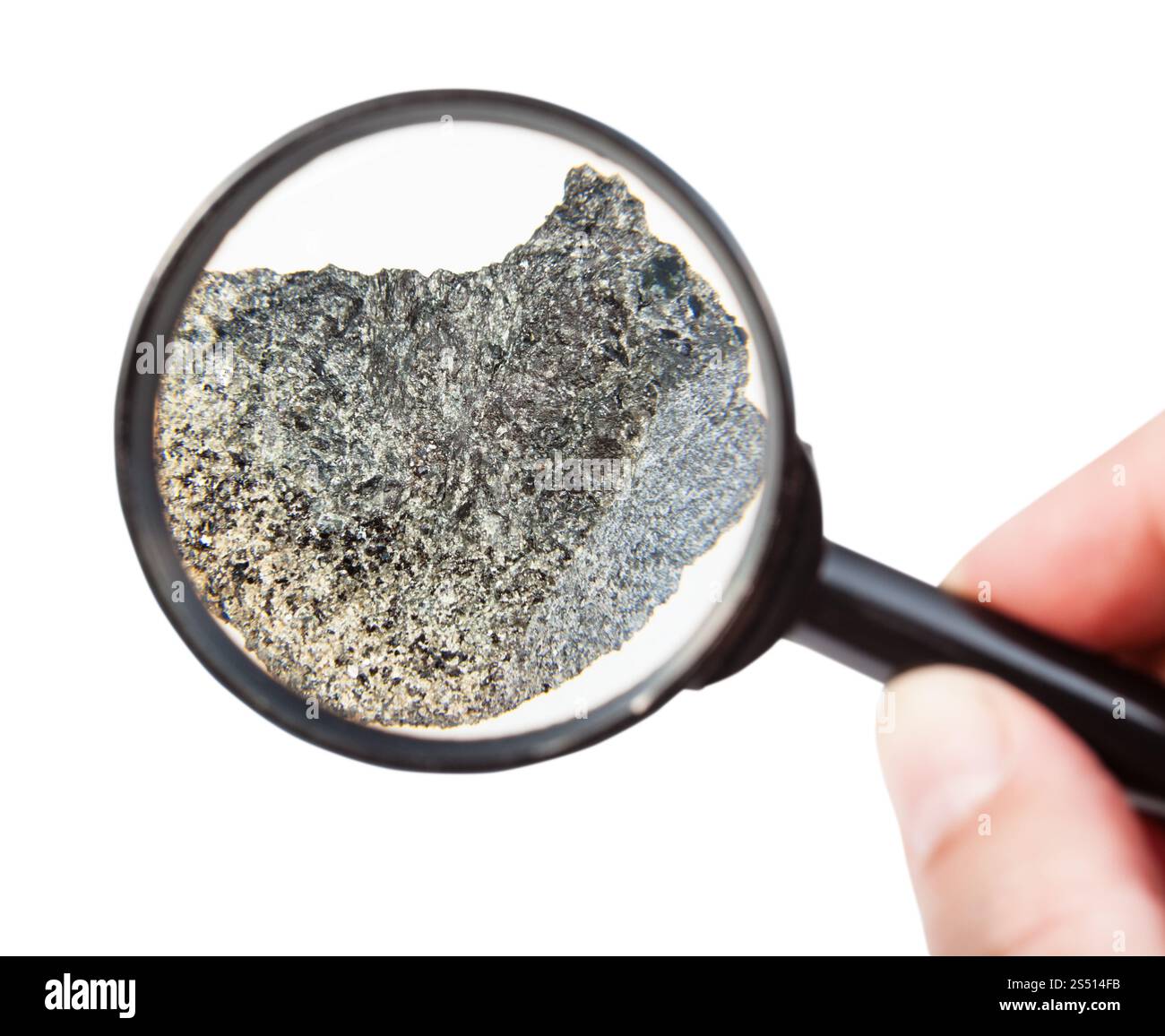 view of rough peridotite mineral through magnifier isolated on white ...