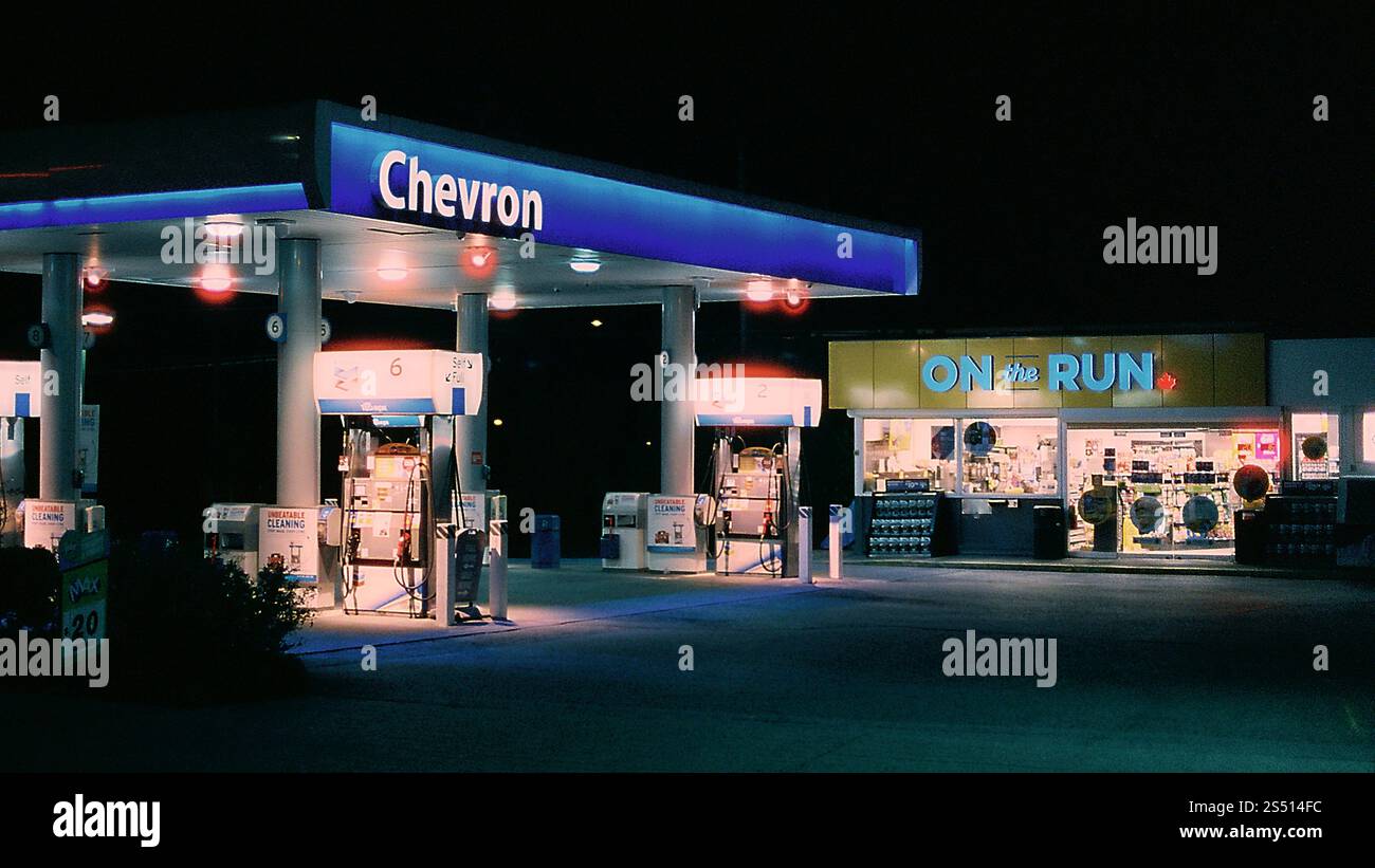 Chevron Gas Station at Night on Film Stock Photo - Alamy
