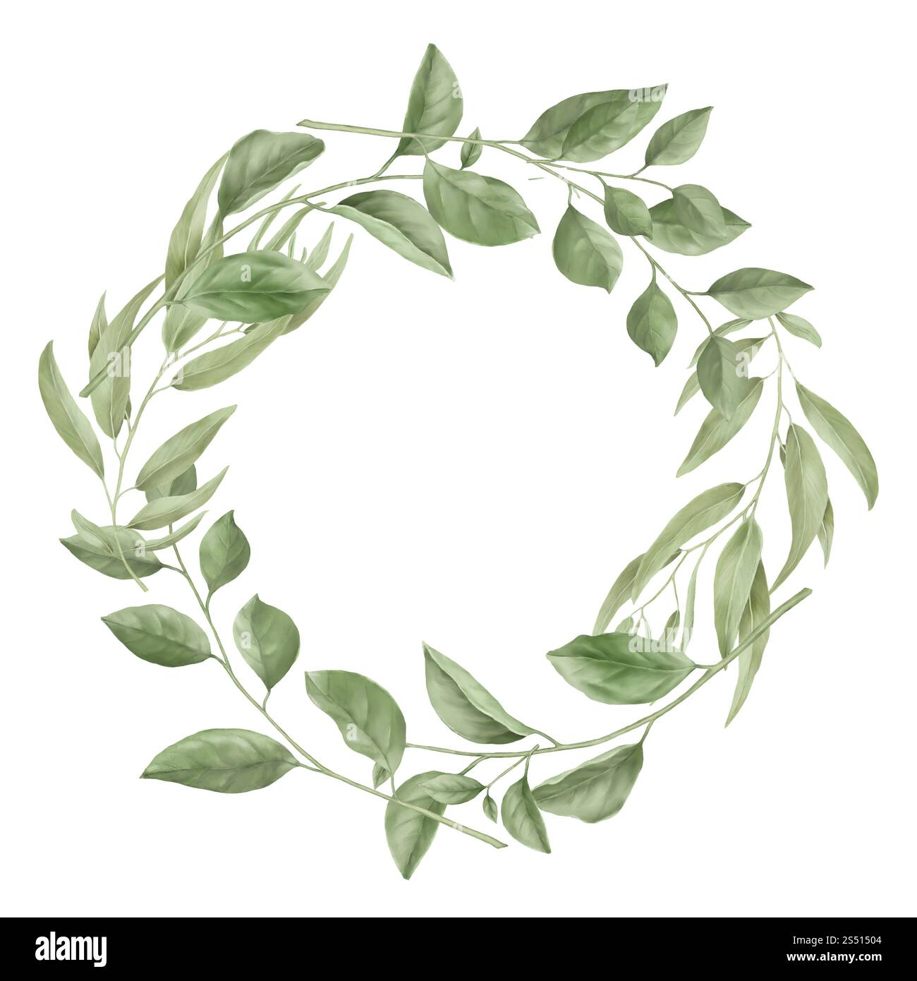 Wreath of willow and branches with green leaves. Watercolor digital ...