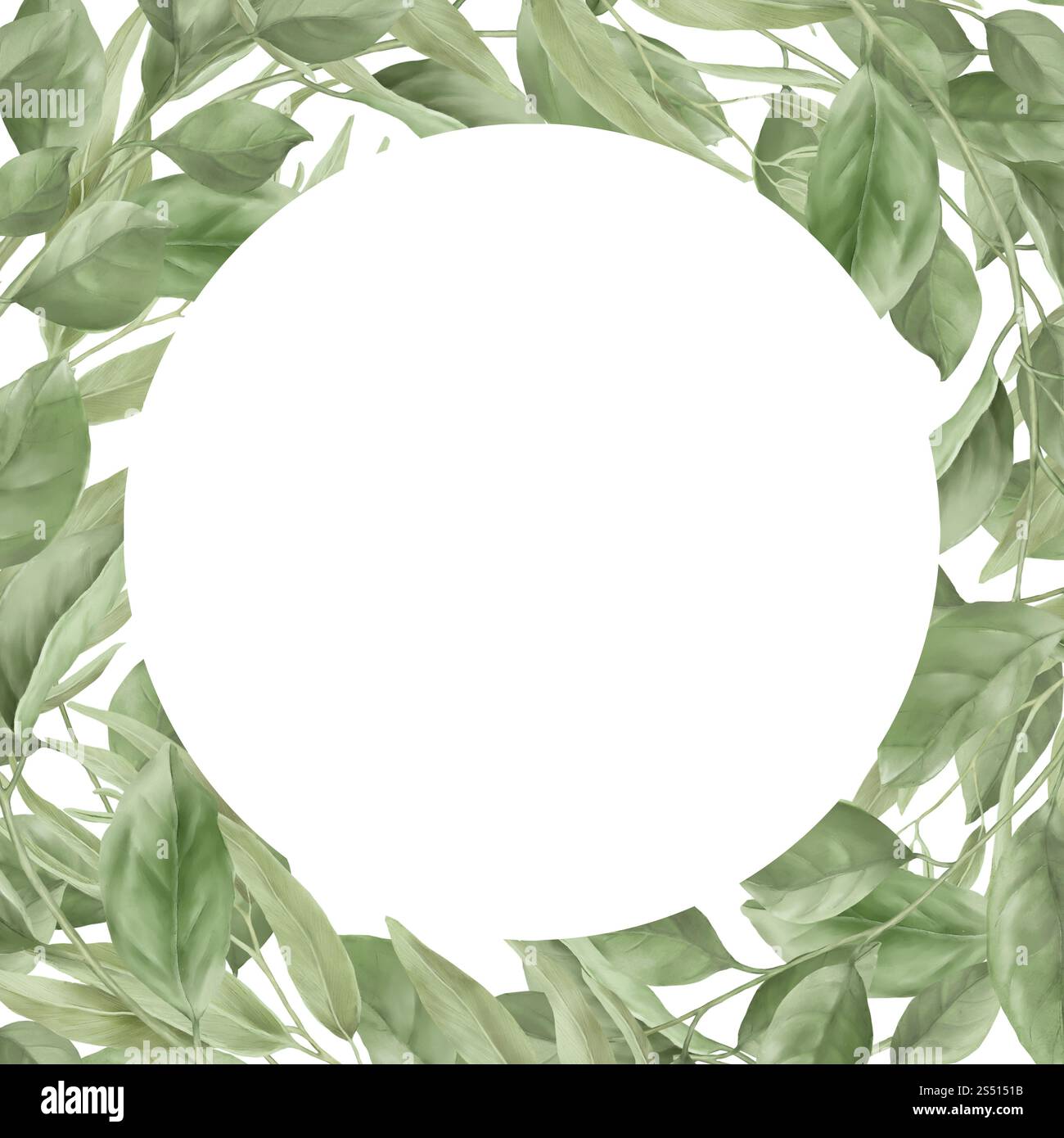 Wreath of willow and branches with green leaves. Watercolor digital ...