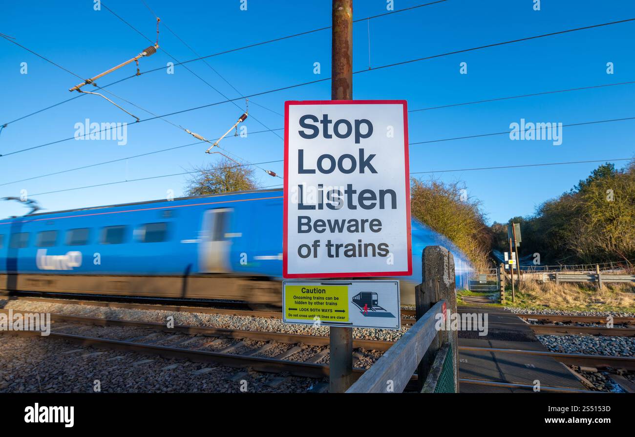 Caution, Look both ways and Stop Look Listern warning signs at level ...