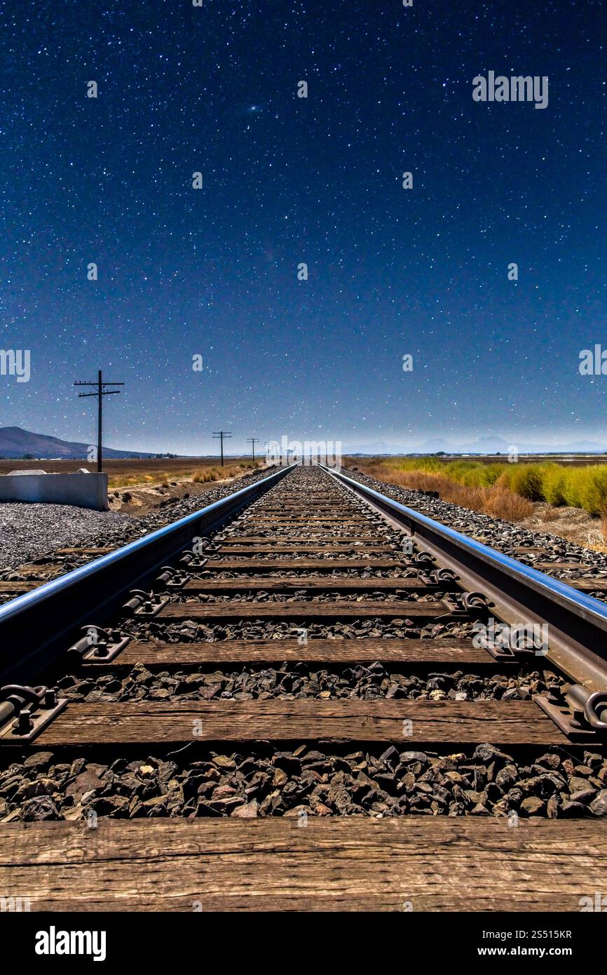 Scenic Railroad Tracks Under Starry Night Sky in Serene Countryside ...