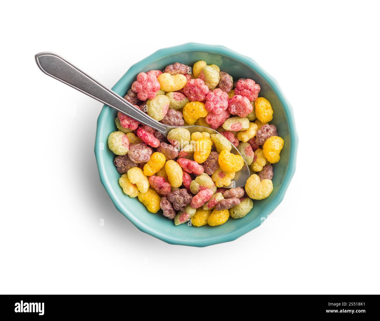 Colorful breakfast cereals in the shape of various fruit in bowl ...