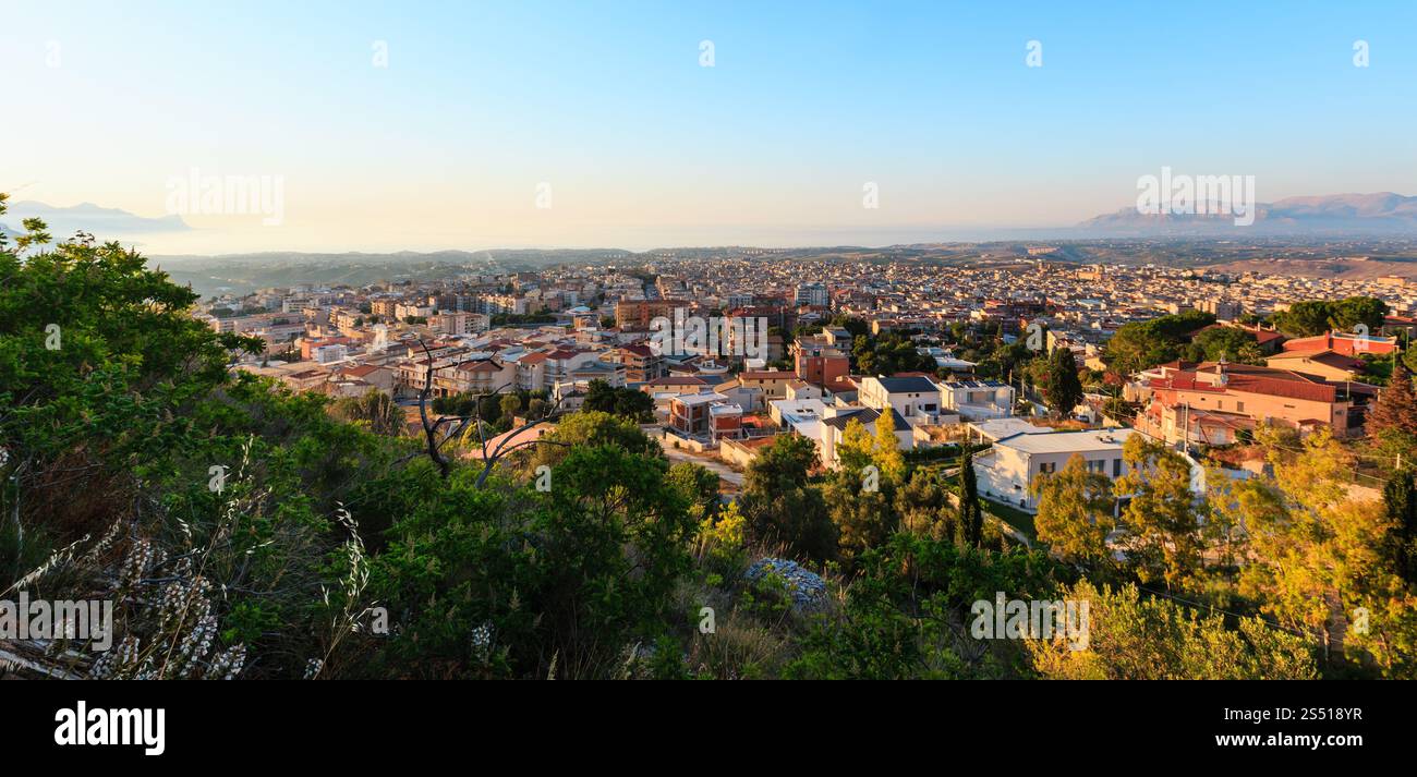 Evening view to Tyrrenian sea bay and Alcamo town from view point above ...