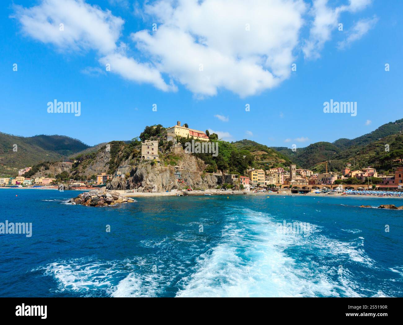 Beautiful summer Monterosso view from excursion ship. One of five ...