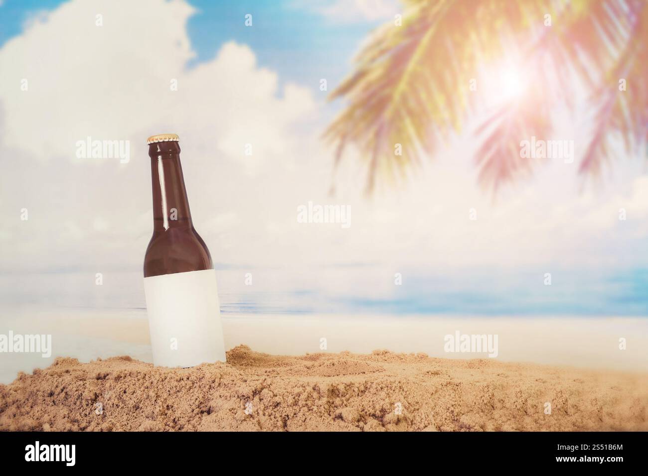 Blank Logo Beer bottle in the sand with beach background Stock Photo ...