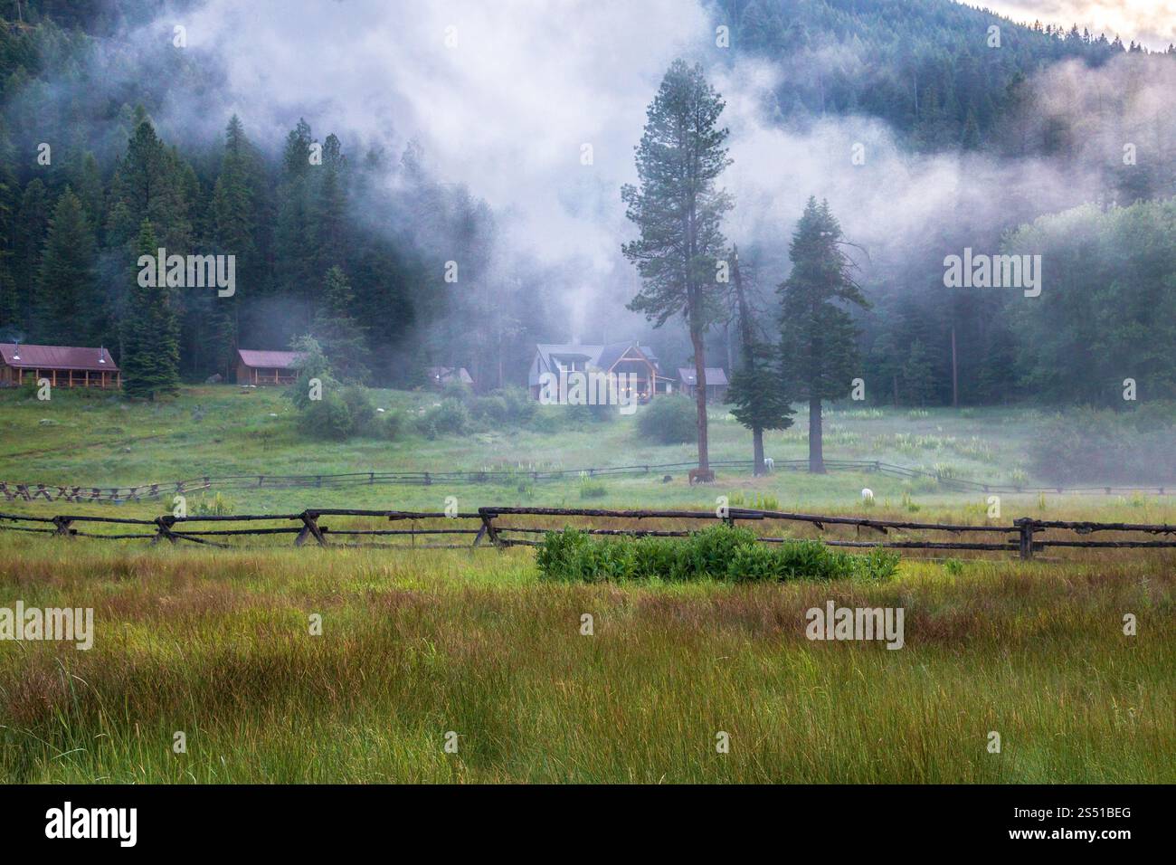 Rustic Cabins in Misty Forest Meadow Landscape During Early Morning ...