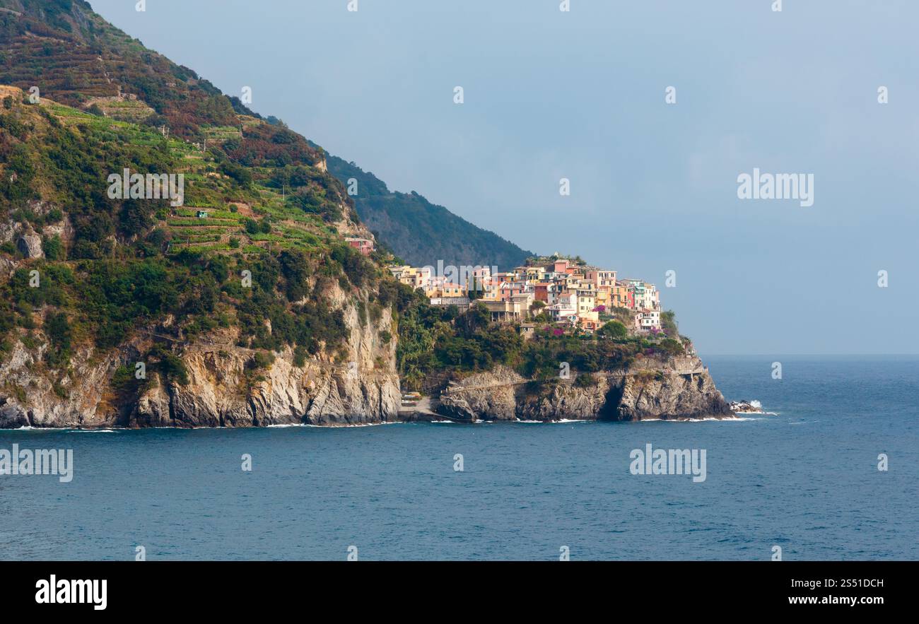Beautiful summer Manarola view from Corniglia village. This is a famous ...