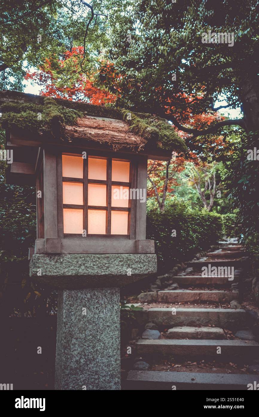 Lamp in Jojakko-ji Shrine temple, Arashiyama bamboo forest, Kyoto ...