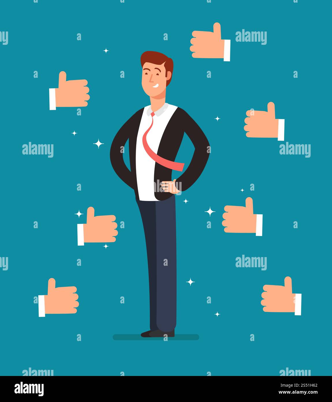 Cartoon proud employee with many thumbs up hands of businessmen ...