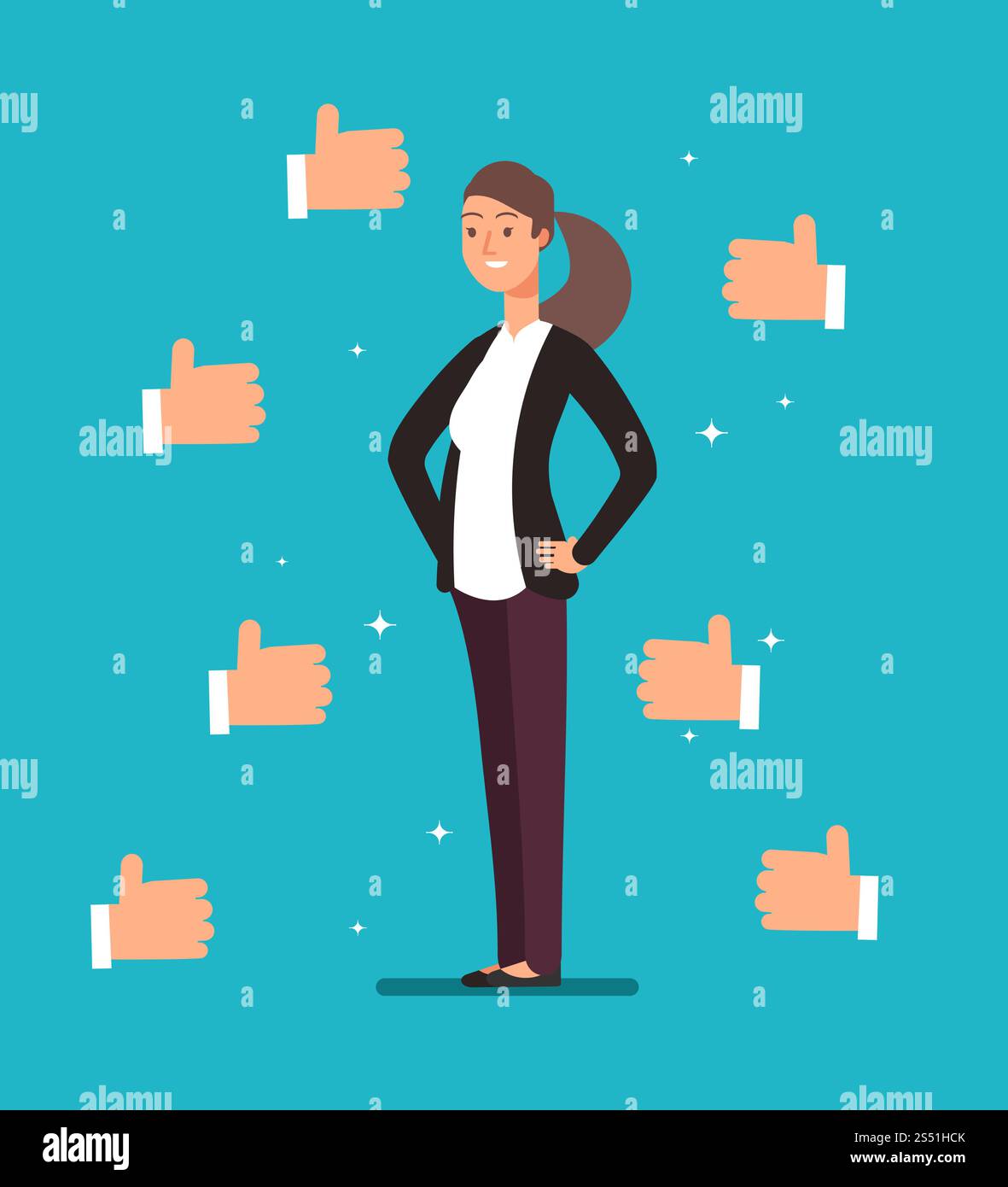 Cartoon happy proud businesswoman leader with many thumbs up hands ...