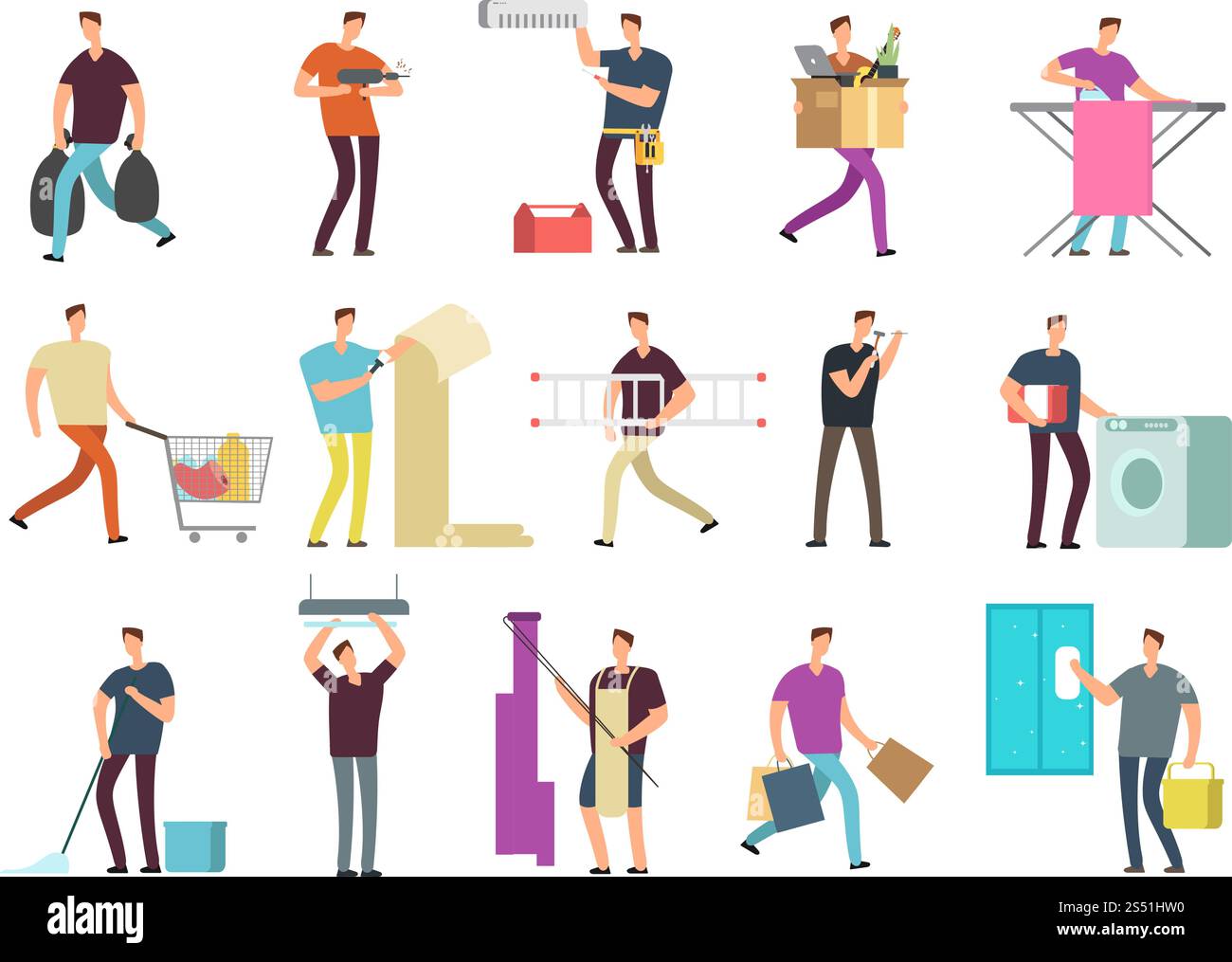 Cartoon people in household activities. Vector characters set. Man ...
