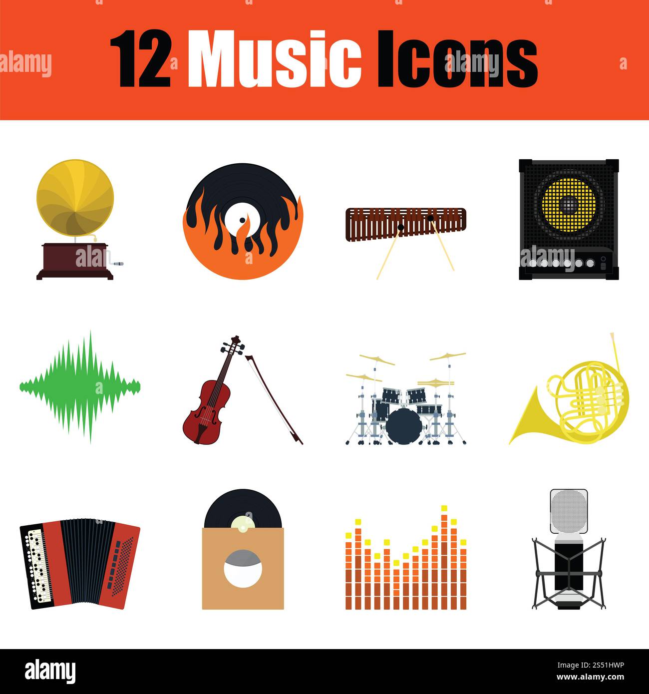 Music icon set. Color design. Vector illustration Stock Photo - Alamy