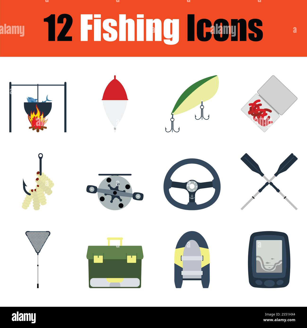 Fishing icon set. Color design. Vector illustration Stock Photo - Alamy