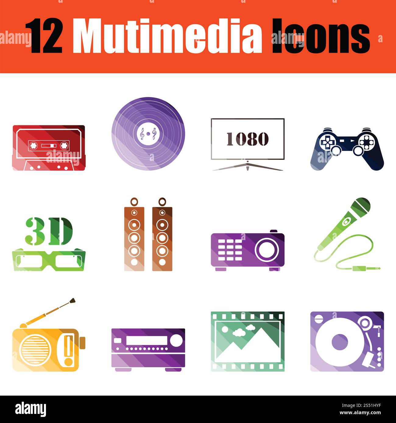 Set of multimedia icons. Gradient color design. Vector illustration ...