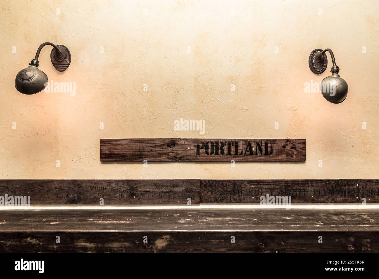 Rustic Wall Design with Industrial Lighting and Portland Wooden Sign ...