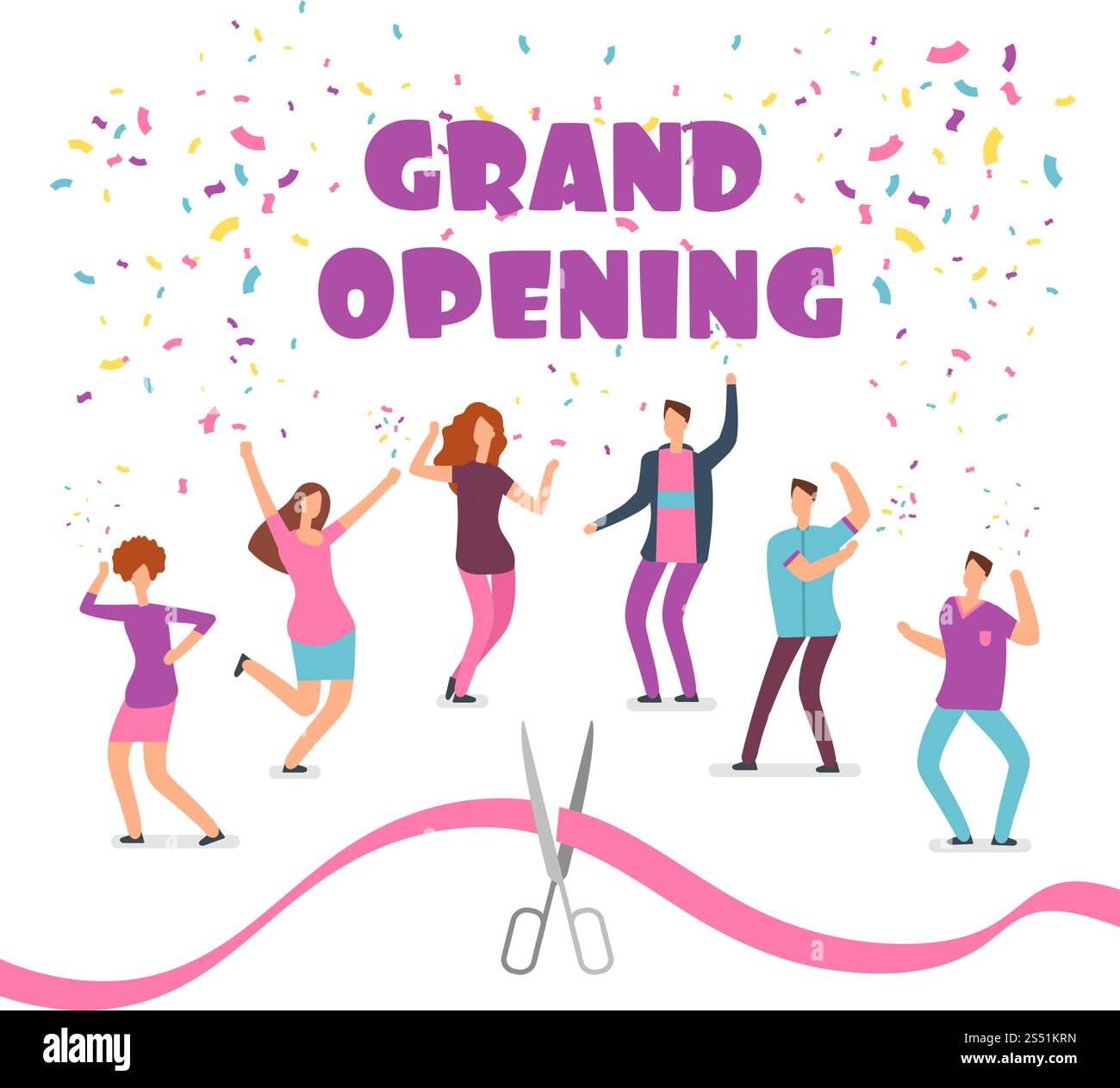 Grand opening concept with happy dancing people at party and red ribbon ...