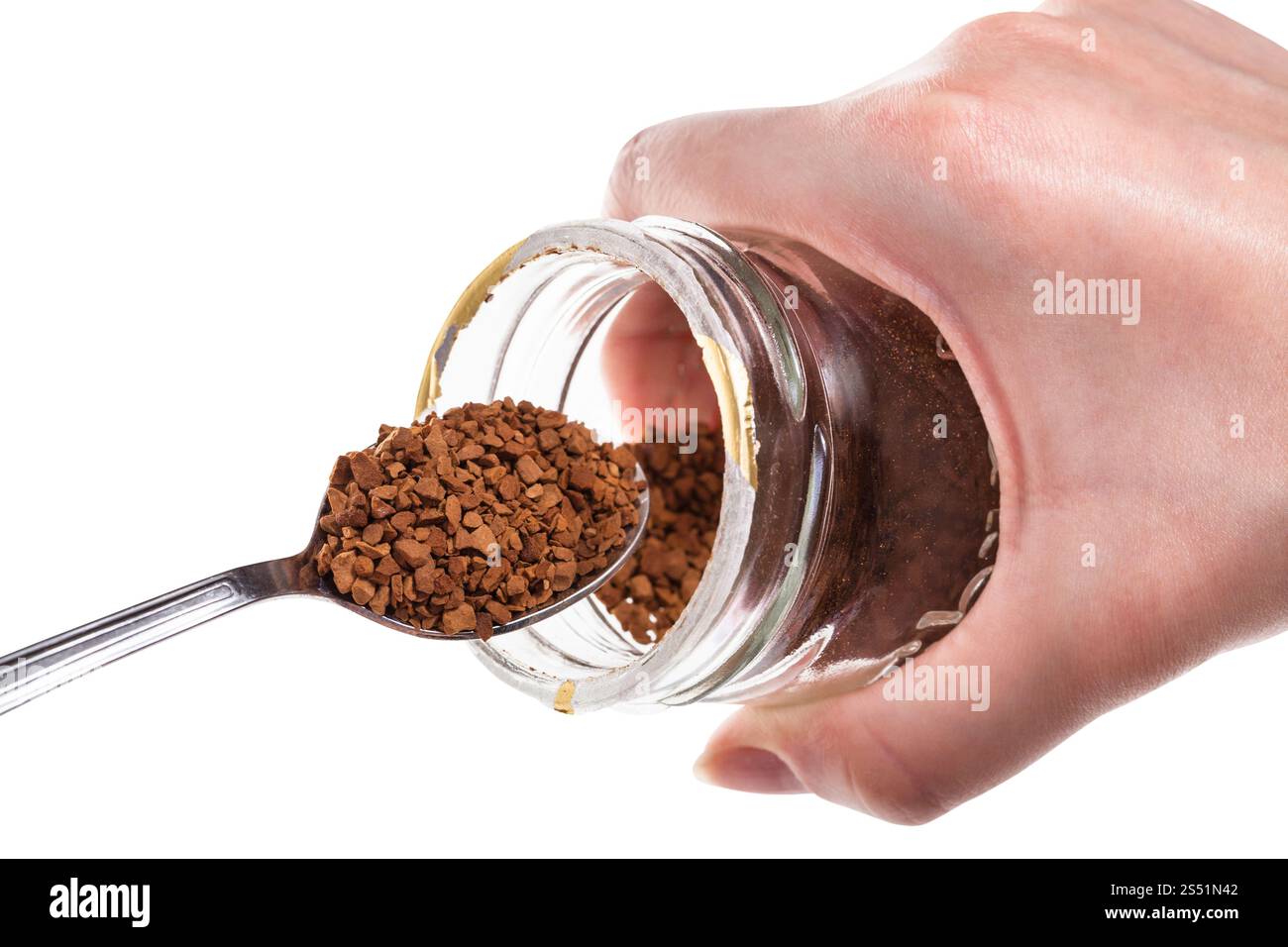 female hand keeps glass jar and spoon with soluble coffee isolated on ...