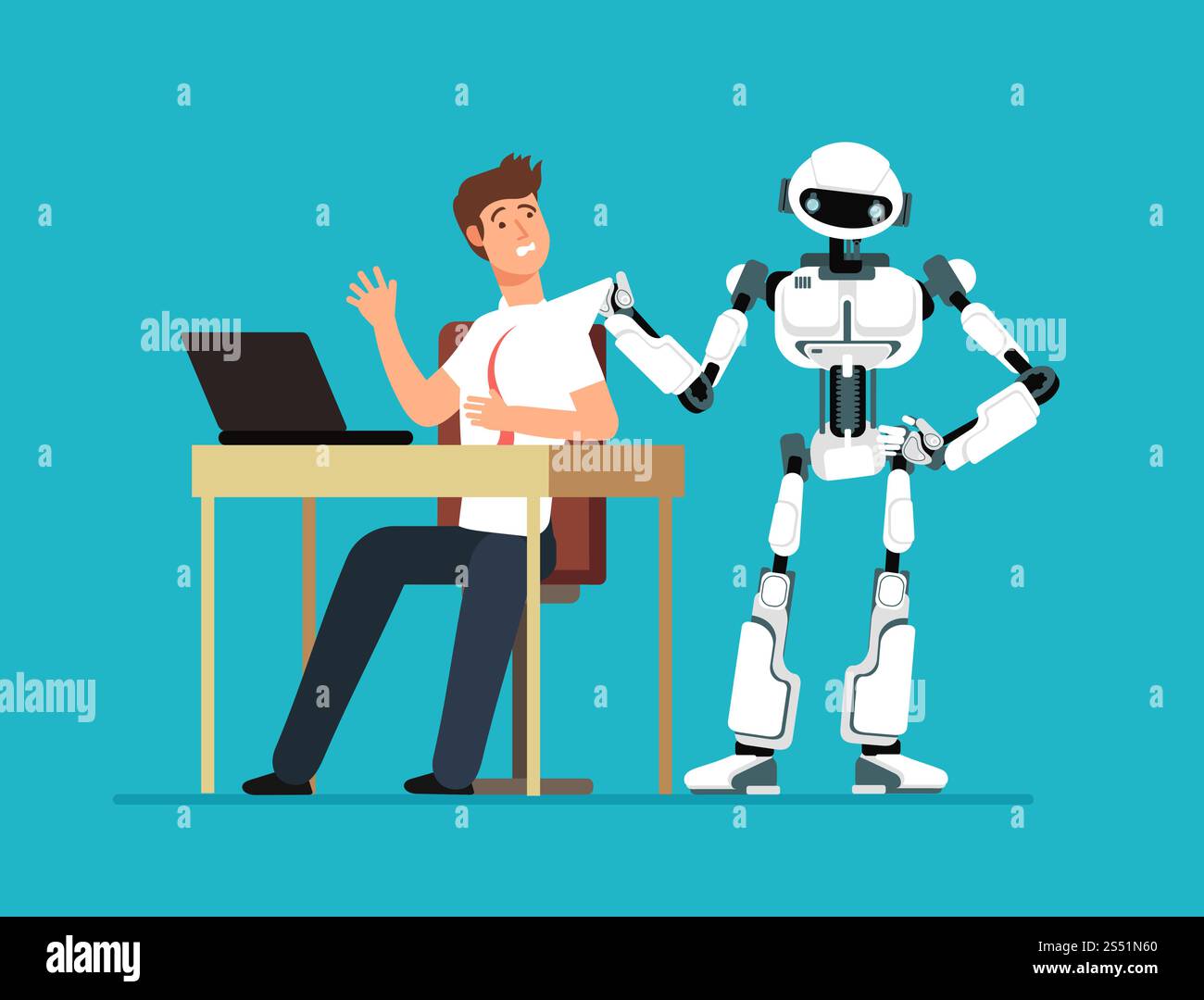 Robot employee kicks away human worker from workplace. Artificial ...