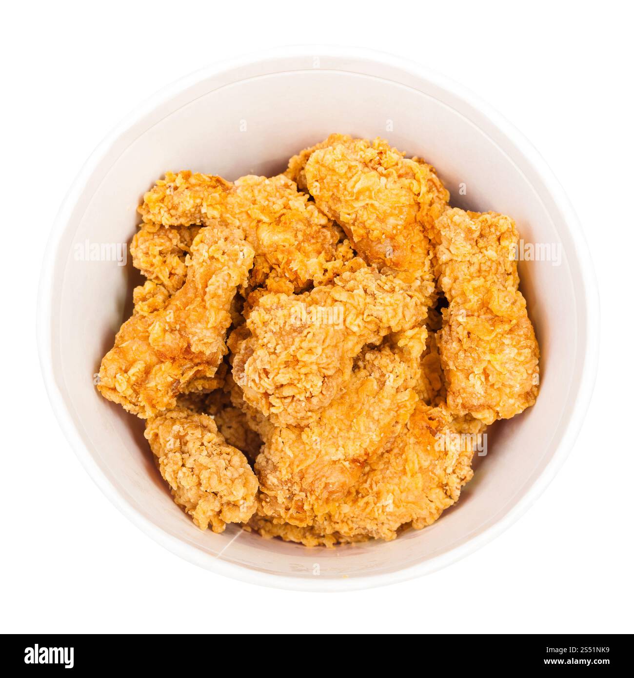 top view of crispy batter deep-fried chicken wings in paper bucket ...