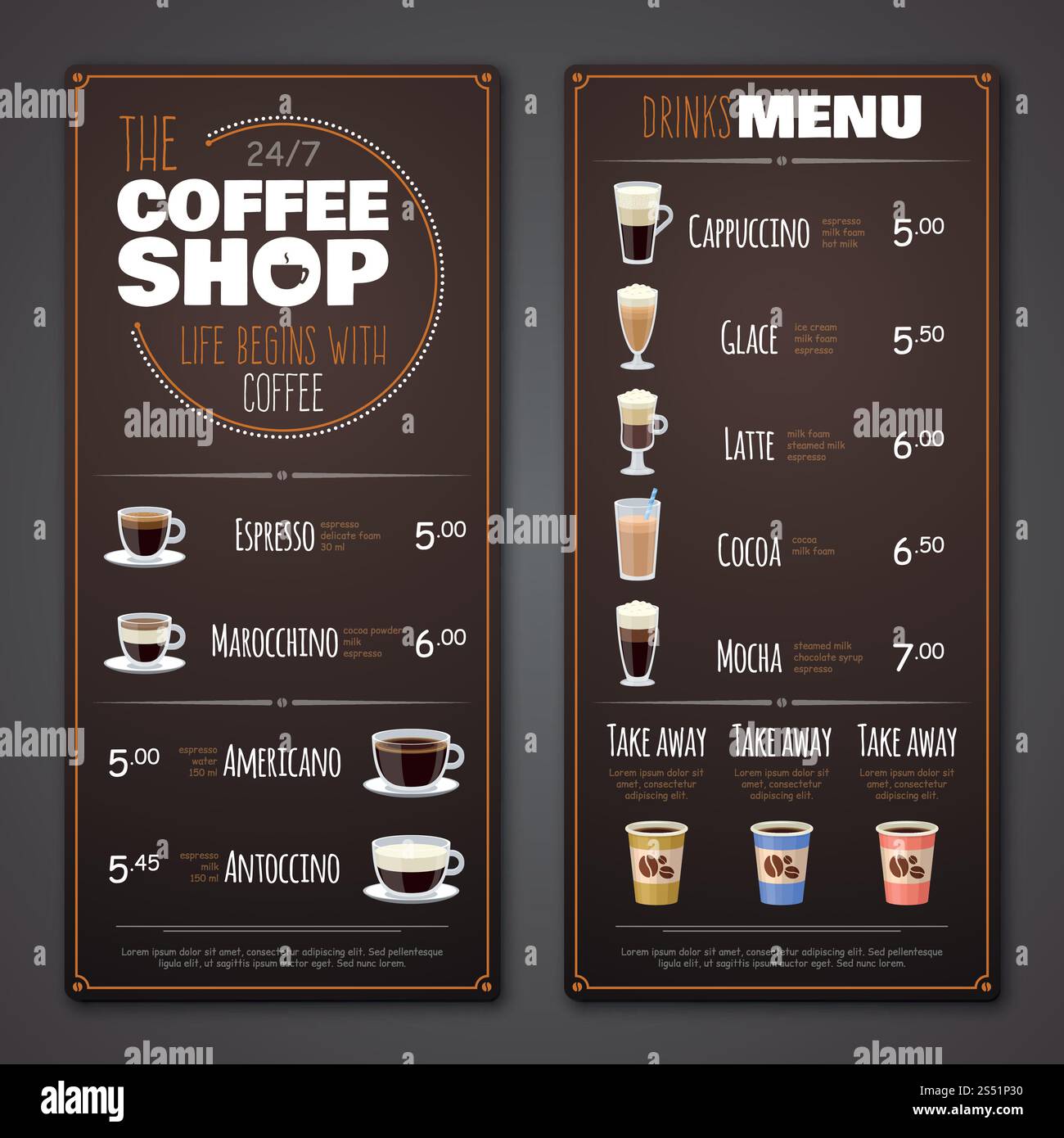 Coffee shop menu vector design template. Cafe shop banner with drink ...