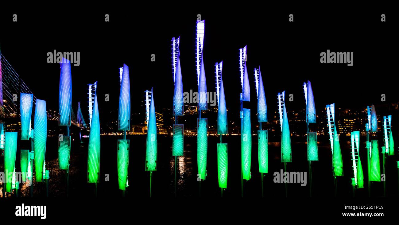 Illuminated Lights Display with Night Cityscape Background Featuring ...