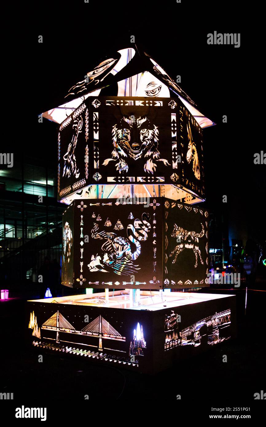 Illuminated Art Installation Featuring Animal Designs in a Creative ...