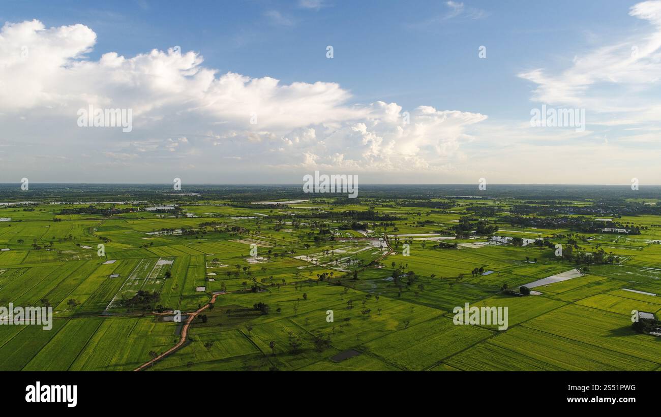 Aerial view over small village, Country roadside. Aerial view over ...