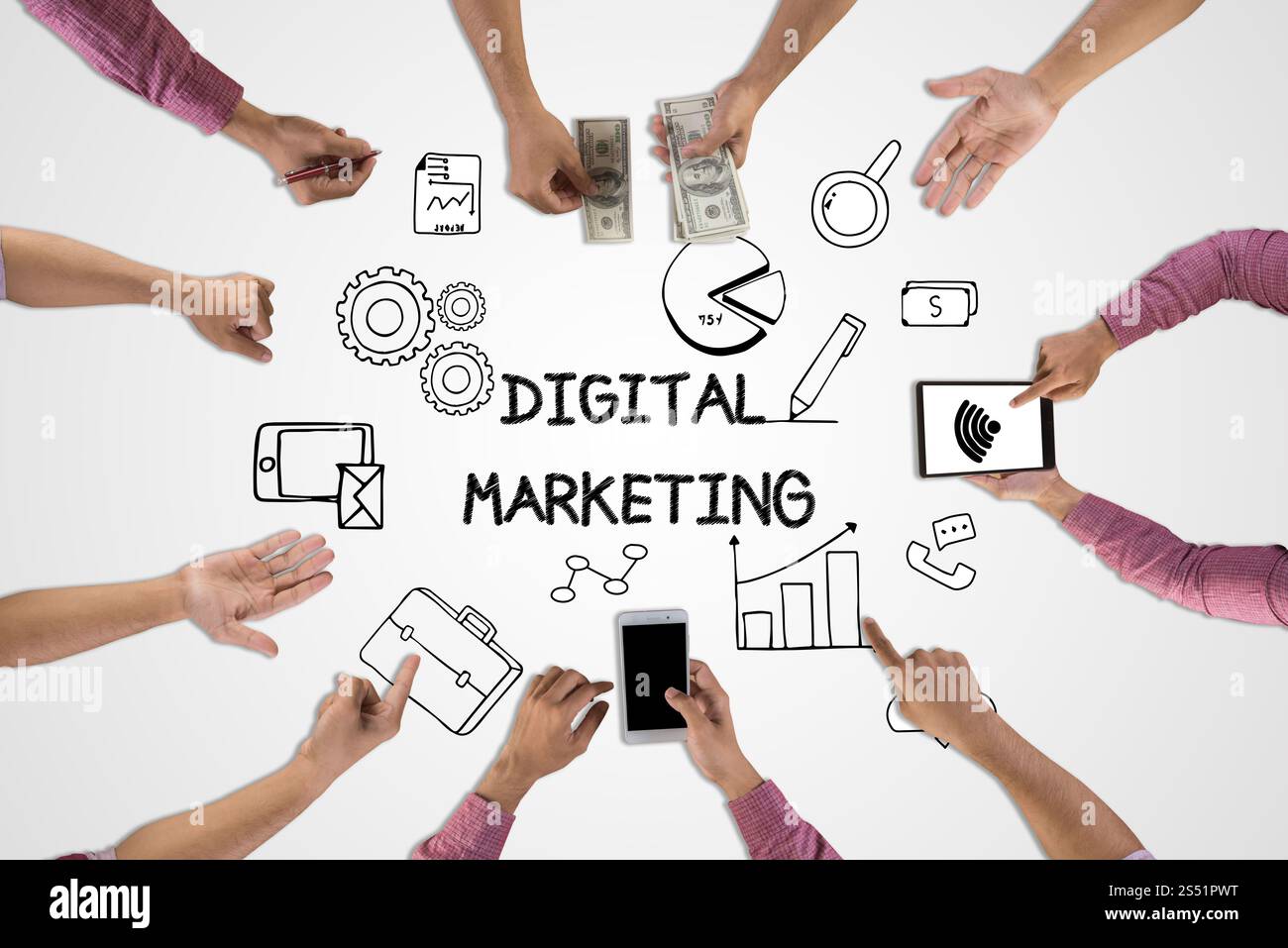 DIGITAL MARKETING Concept. Business people meeting with doodle i ...