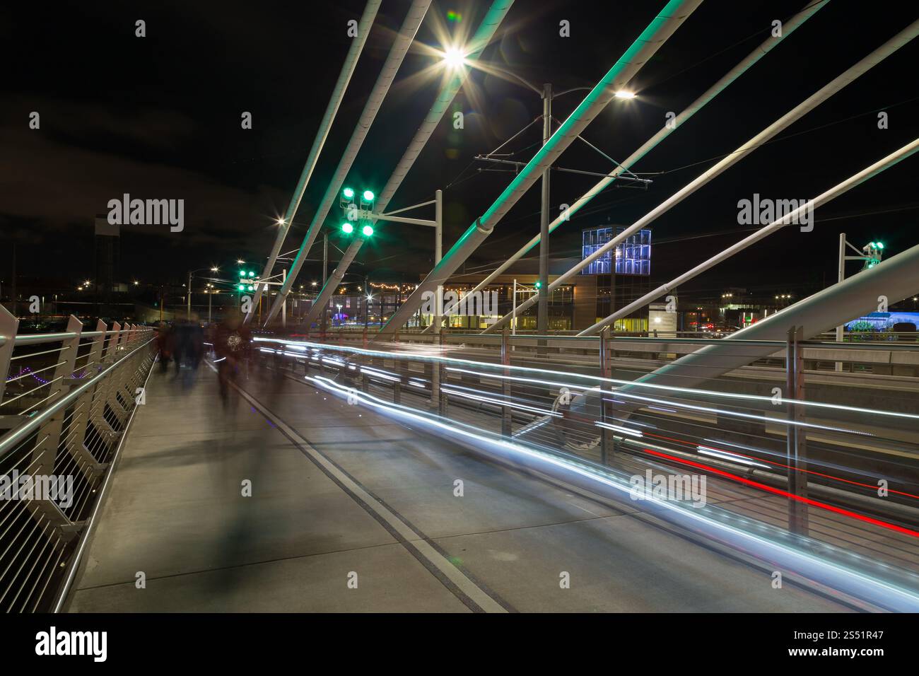 Pedestrian Bridge at Night with Traffic Lights and Motion Blur ...