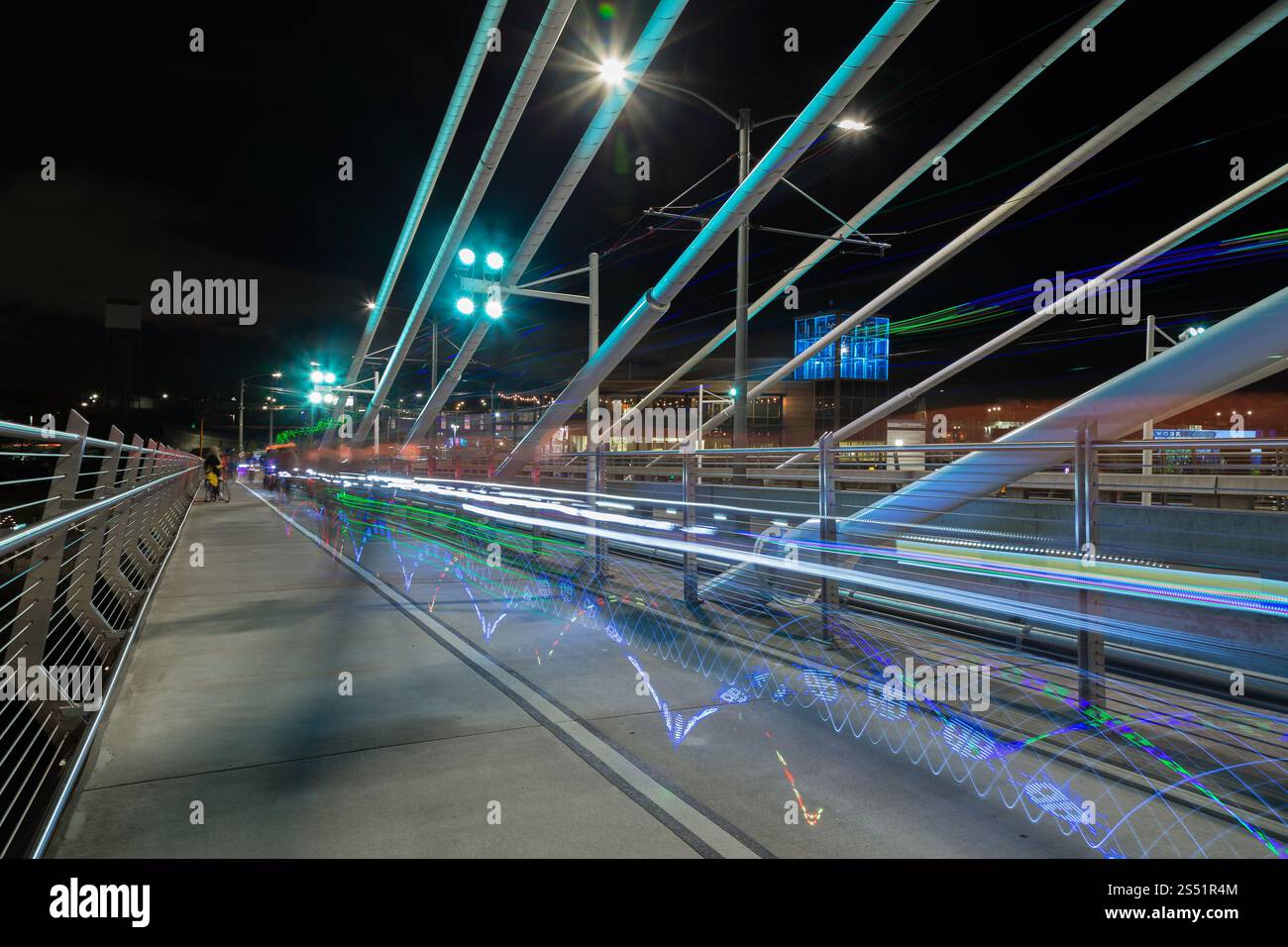 Pedestrian Bridge at Night with Traffic Lights and Motion Blur ...