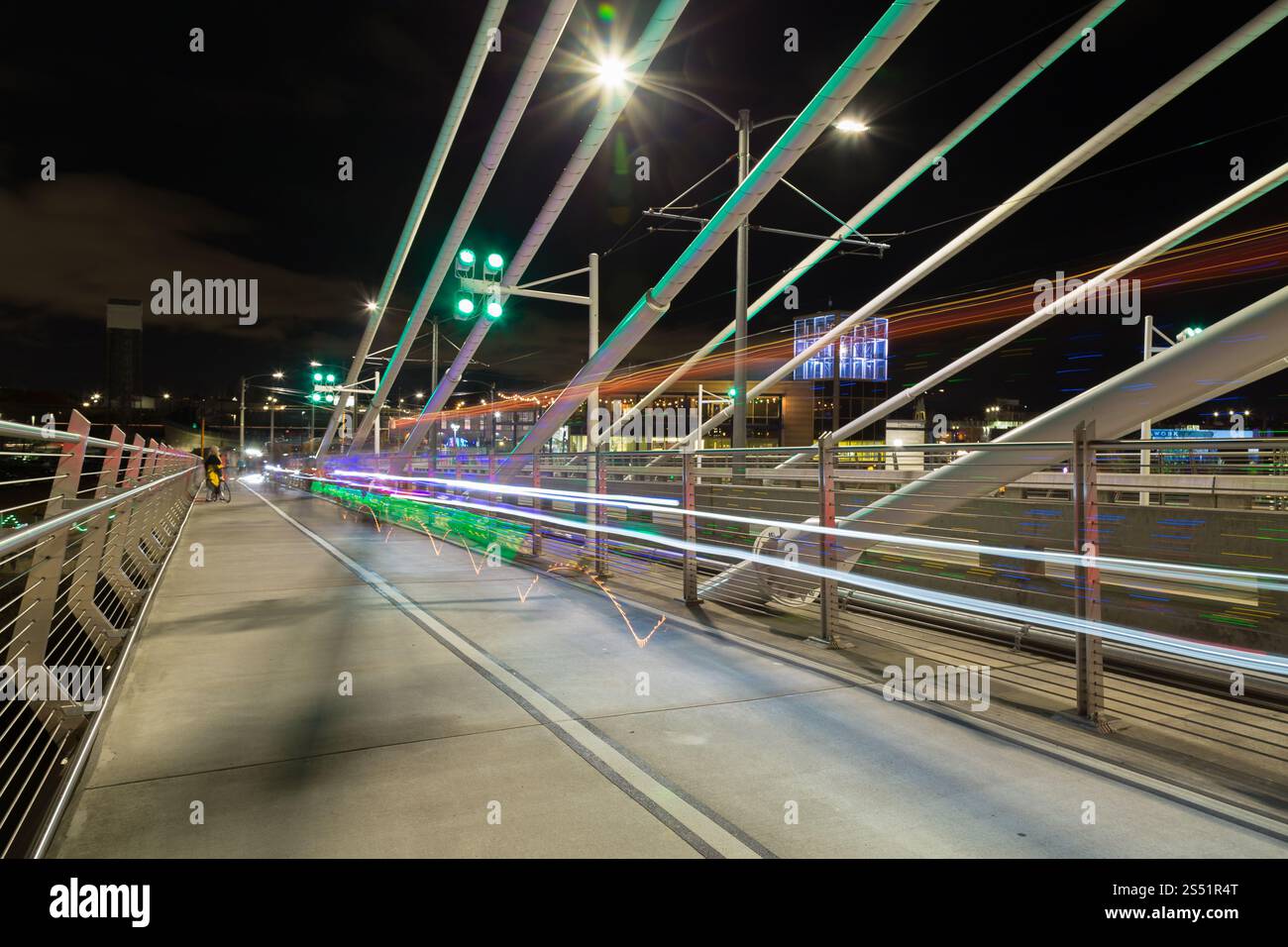 Pedestrian Bridge at Night with Traffic Lights and Motion Blur ...