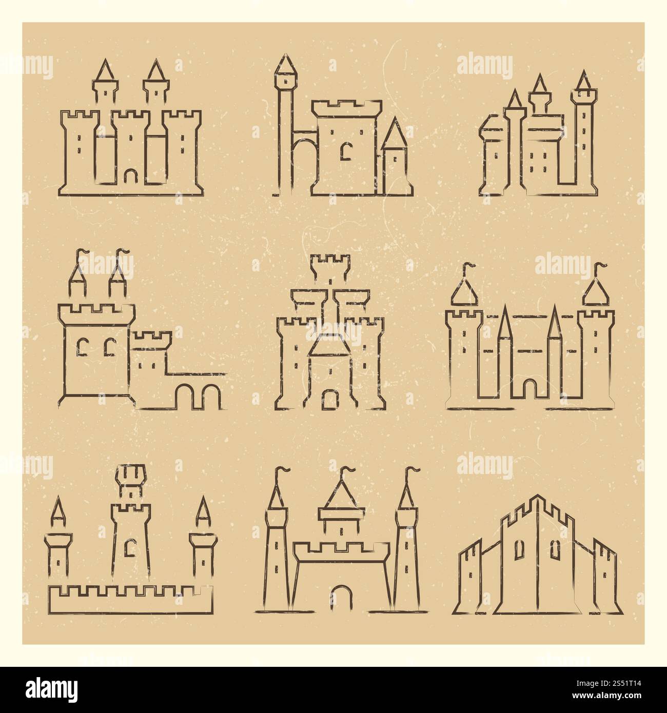Set of medieval castles line icos. Tower building architecture ...