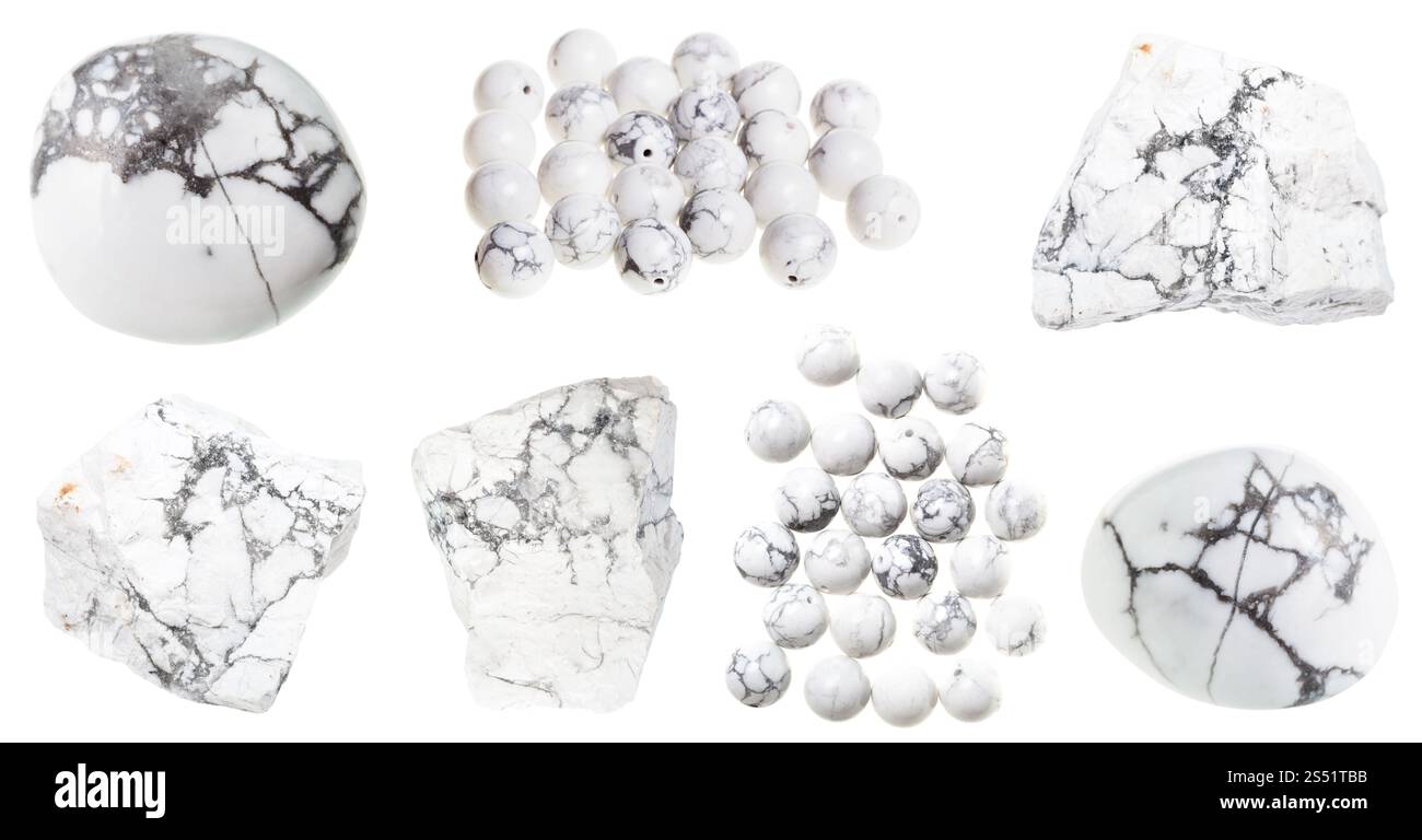 collection of various natural Howlite gemstones isolated on white ...