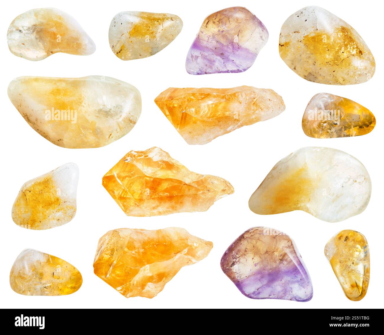 collection of various Citrine (yellow quartz) gemstones isolated on ...