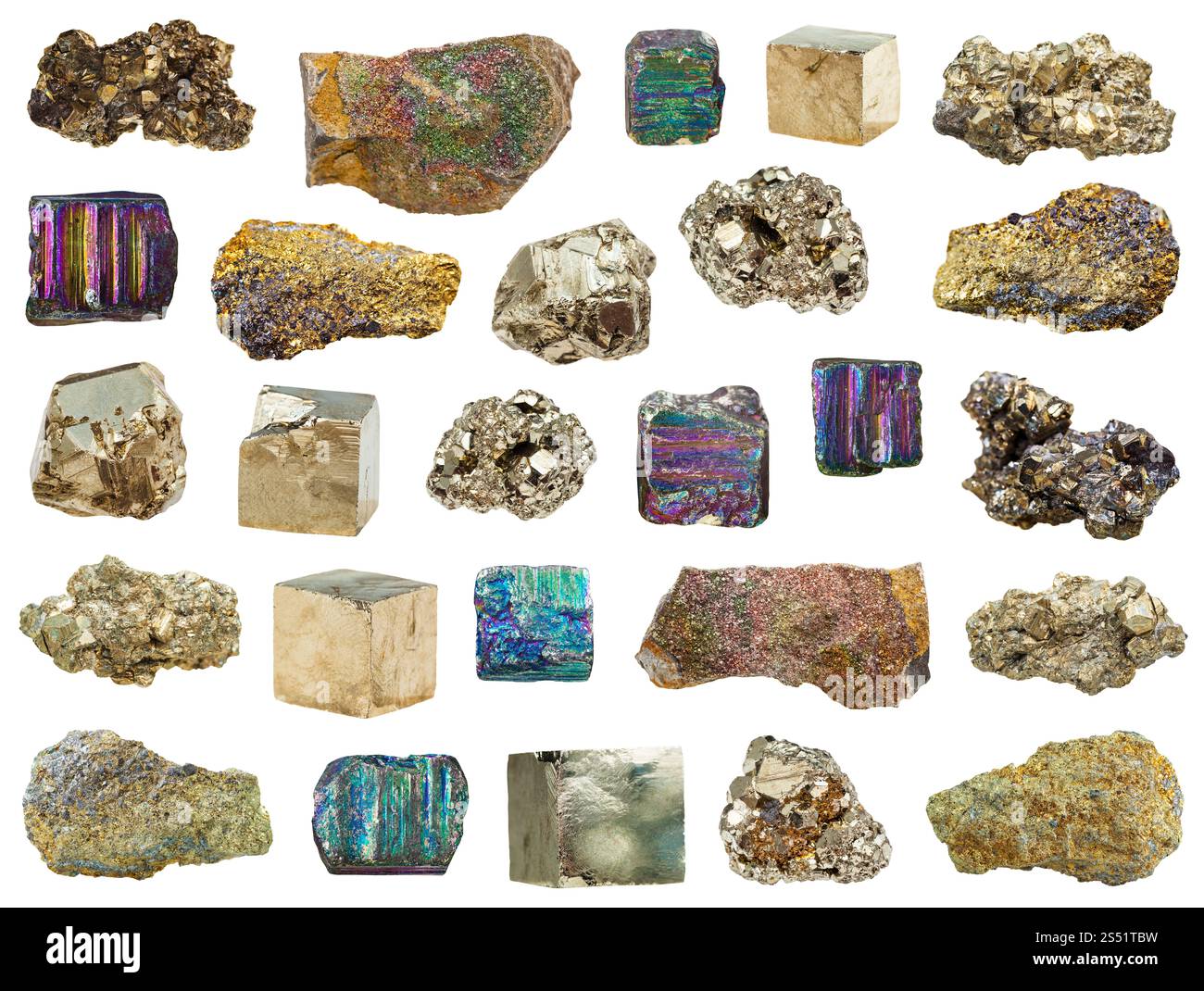 collection of various iron pyrite stones isolated on white background ...