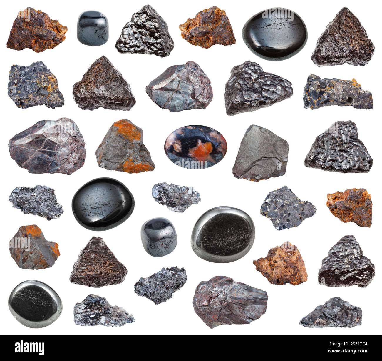collection of various Hematite stones isolated on white background ...