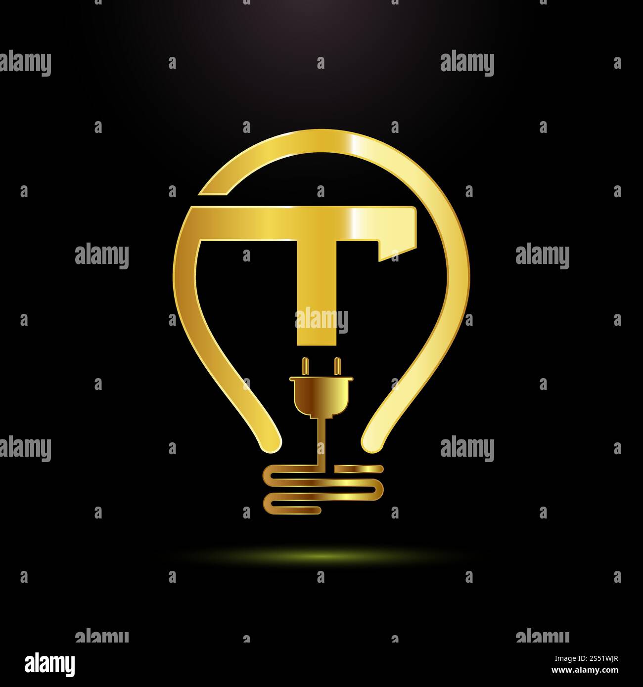 English alphabet T with an electric bulb and plug. Electricity logo ...