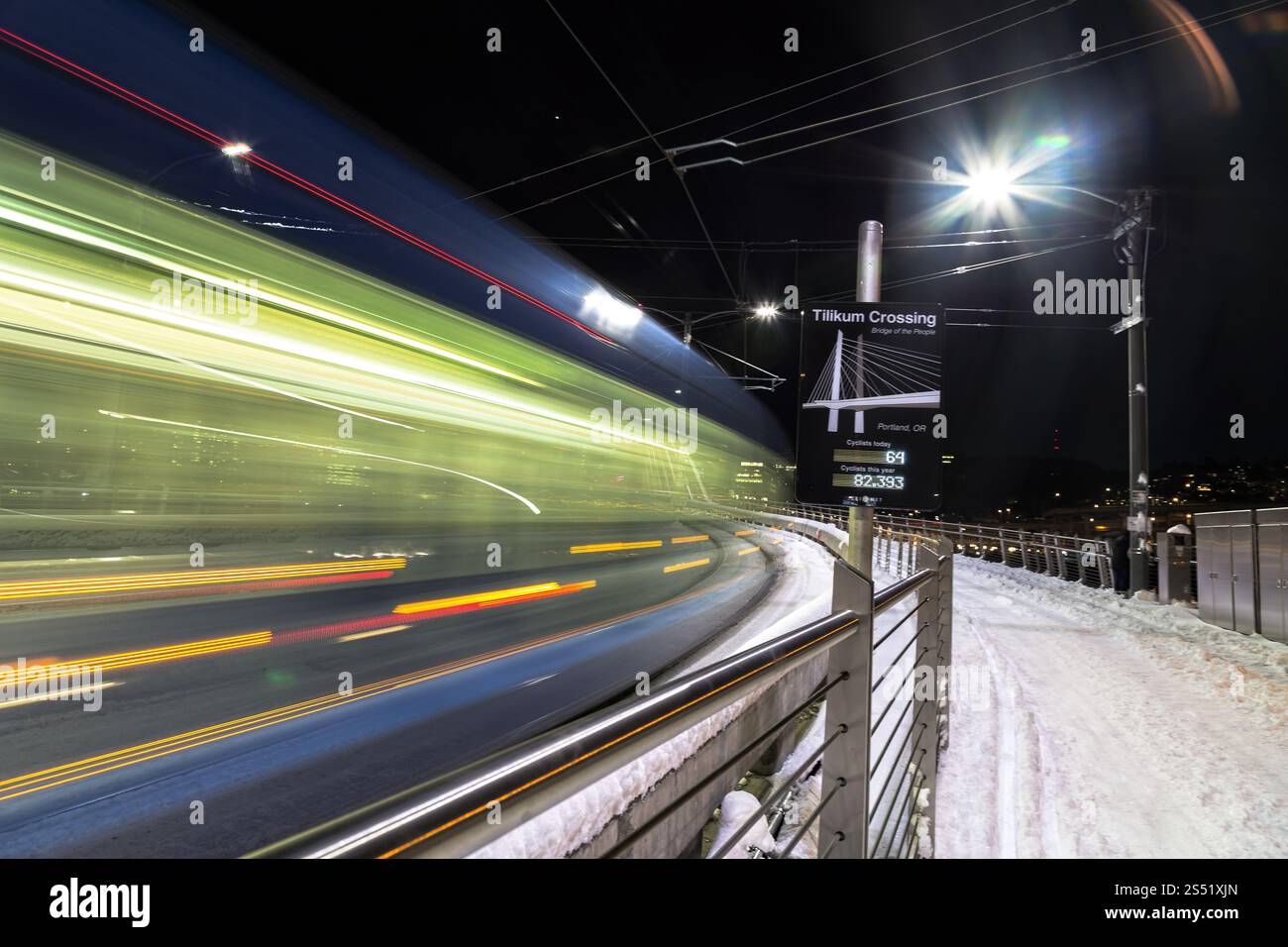 Light Trails of a Train on Tilikum Bridge at Night, Portland, Oregon ...