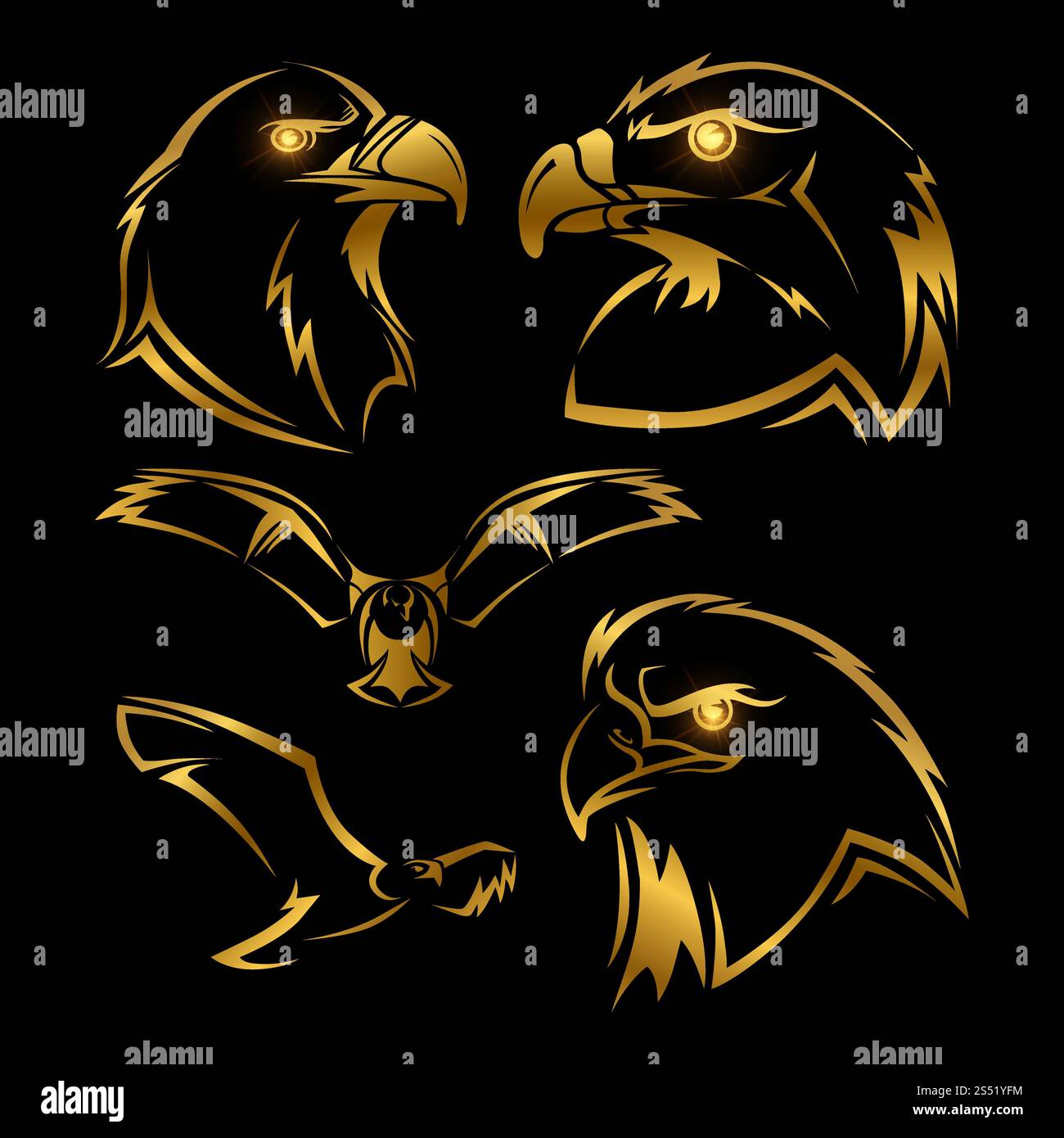 Golden eagle, hawk vector mascots set. Shine eagles vector isolated on ...