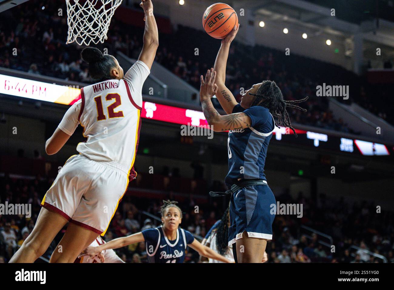 Penn State Lady Lions guard Gabby Elliott (0) shoots over USC Trojans ...